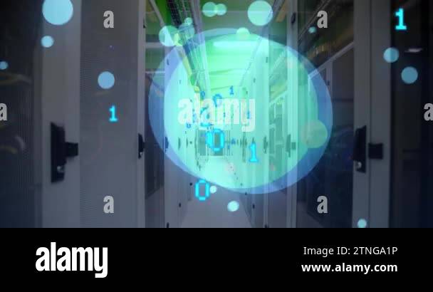 Animation of binary codes and falling lens flares over server room in background. Digital ...