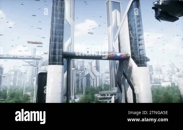 Futuristic city. 3d people and robots. Future concept. Realistic 4k ...