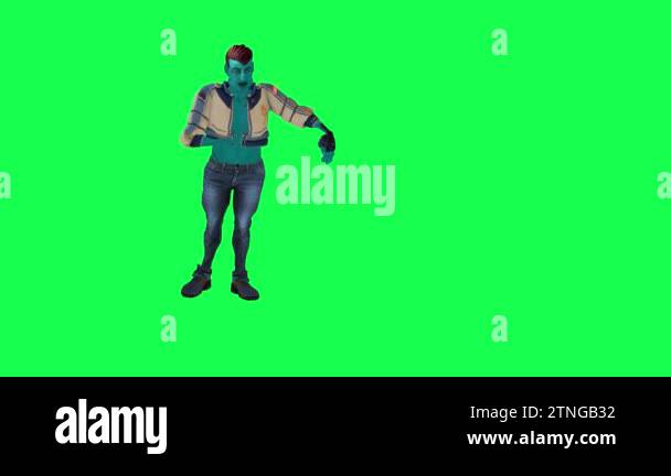 Blue animated man doing break dance on green screen 3D people walking ...