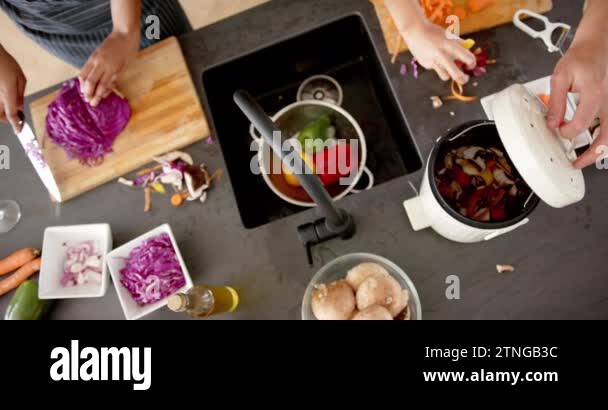 Overhead of diverse couple in aprons preparing vegetables composting ...