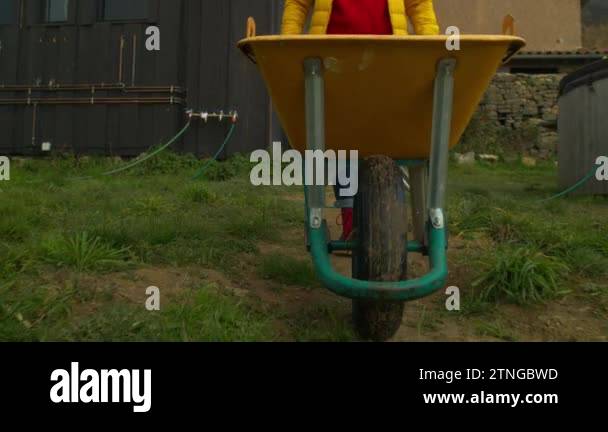 Young woman push yellow wheel cart down a hill. Farm life or country ...