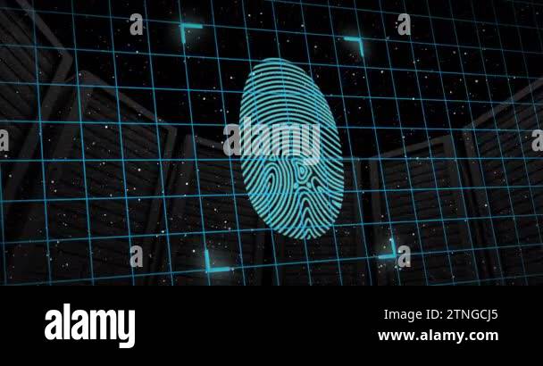 Animation of padlock in shields, scanning fingerprint over low angle view of server racks ...