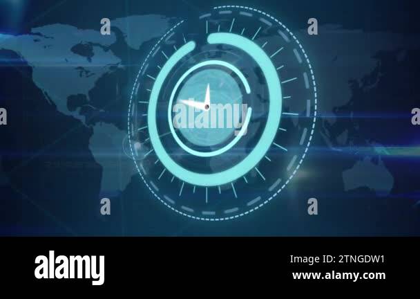 Animation of digital clock over connected dot and profile icons and map ...