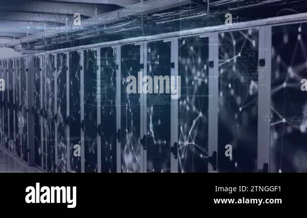 Animation of computer language and connected dots over server room in background. Digital ...