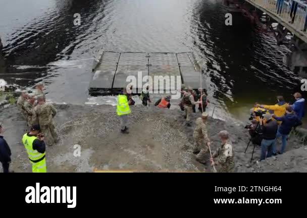 Pontoon bridge of the Ukrainian army. Installation of a temporary ...