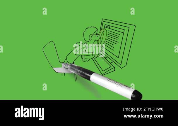 draw backside of young man sit on chair with computer and read with ...