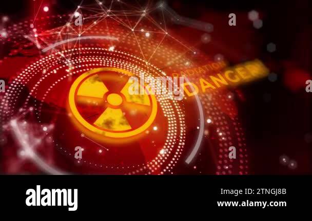 Radioactive hazard icon. Red abstract warning background with world map ...