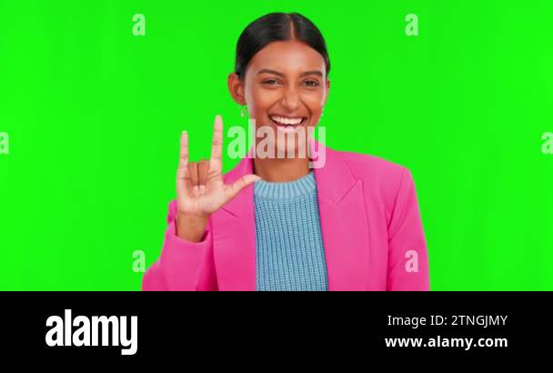 Face, woman and sign language of love on green screen for emotion, care ...