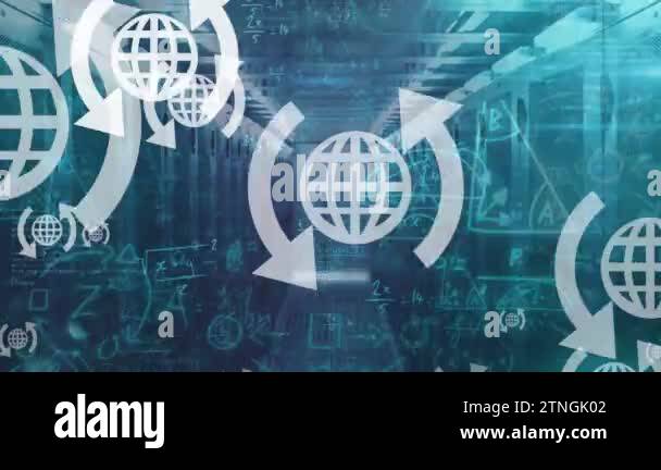 Animation of globe icons, mathematical equation and diagrams over ...