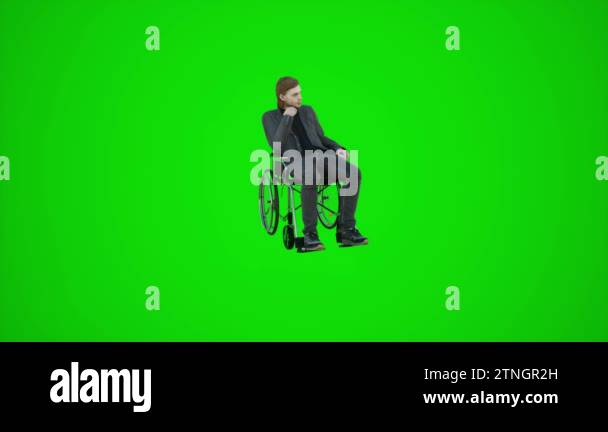 3D animation of a sick, upset man in a wheelchair on a green screen ...