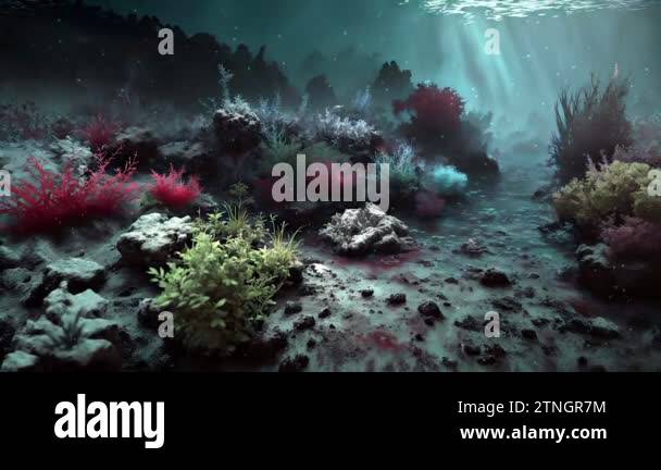 Dark mysterious underwater scene with luminous marine organism lights ...