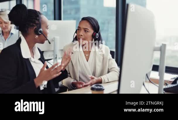 Business woman, call center and coaching team on computer in customer ...
