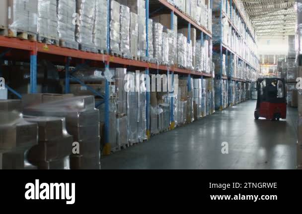 Forklift Loader is Moving Cargo Goods in Logistic Warehouse Stock Video ...
