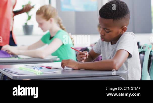 Diverse female teacher and schoolchildren at desks in school classroom ...