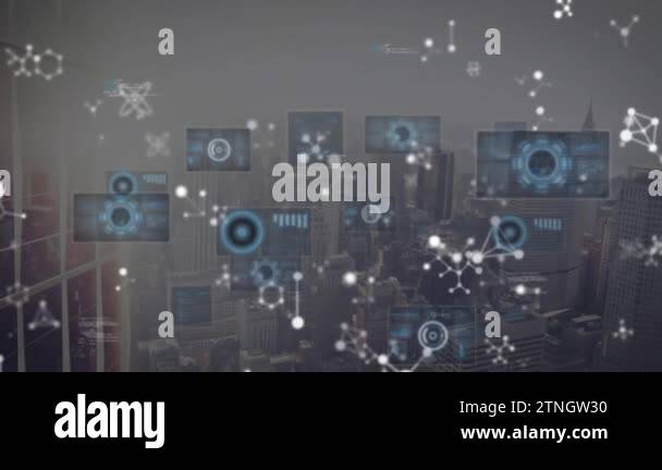 Animation of computer language, radar, graph over nucleotides against modern city in background ...