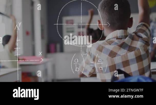 Animation of maths calculations over african american male teacher and ...