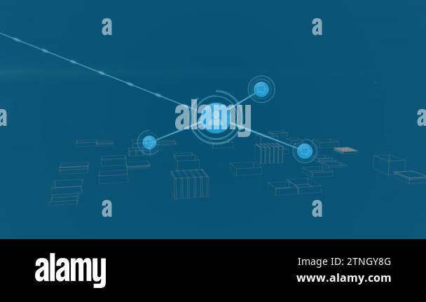 Animation of lens flares, connected icons and 3d model of rotating ...