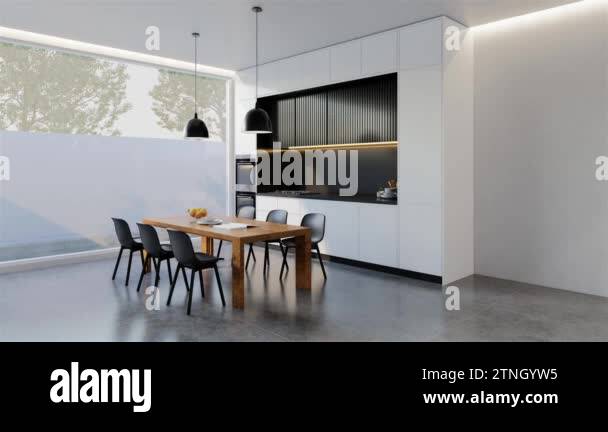 Minimal black and white kitchen animation with dining table. 3D ...