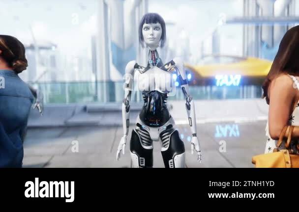 Futuristic city. 3d people and robots. Future concept. Realistic 4k ...