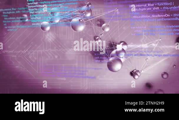 Animation of computer language and connected circles over circuit board ...