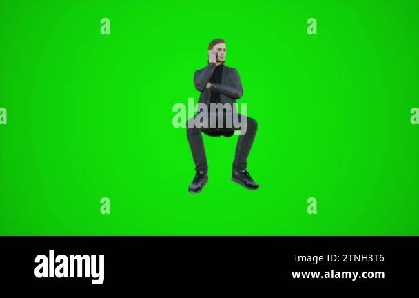 3D animation of a shopkeeper sitting on a green screen talking on the ...