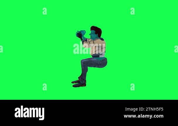 3D blue animated giant cheering friends from right angle on green ...