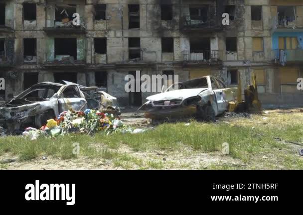 Panorama of a residential building destroyed by rocket fire (camera ...