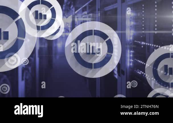 Animation of multiple bar graph icons floating against computer server room. Business data ...