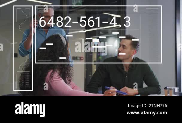 Animation of changing numbers, graph, diverse coworkers sharing ideas ...