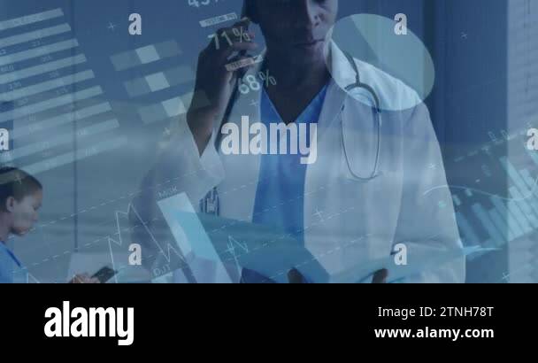 Animation of infographic interface, angry african american doctor ...