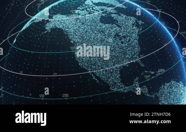Animated digital lines over rotating 3D big data Earth planet. Streams of worldwide ...