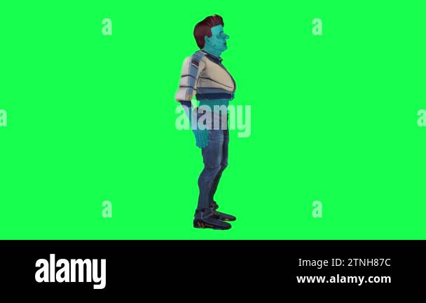 3d rough blue animated man drinking alcohol from left angle on green ...