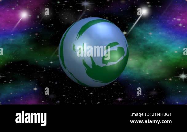 Spinning fantastic planet in a swarm of meteorites on background with ...