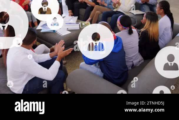 Animation of profile icon in circles over diverse coworkers applauding ...
