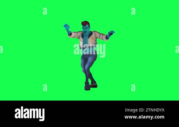 Blue animated man in blue and white dress dancing on green screen from ...