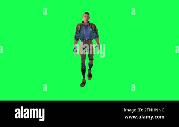3D walking animated man in war suit from front angle on green screen ...