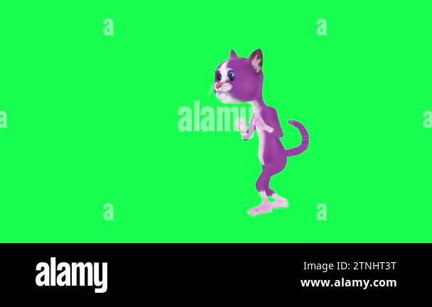 Talking purple 3D cat fighting and kicking from right angle on green ...