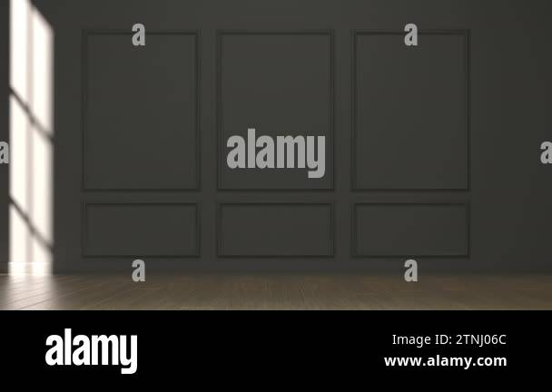 Sunshine through window with shadow moves in the dark empty room ...