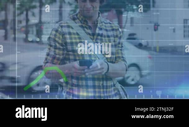 Animation of graphs, computer language, binary codes, caucasian man ...