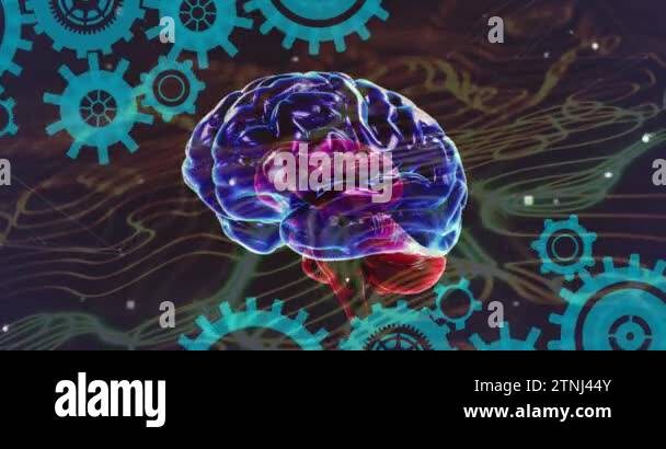 Animation of human brain, cogs and data processing and network of ...
