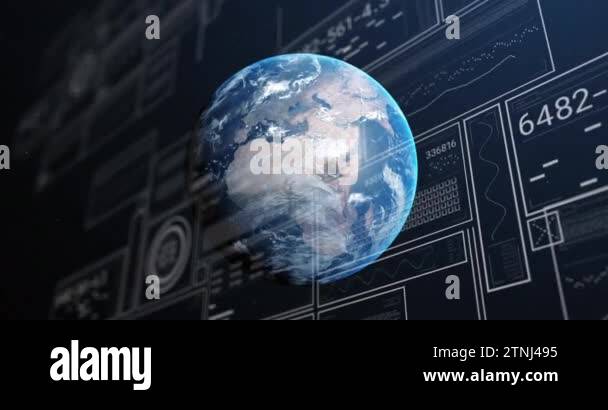 Animation of multiple graphs, changing numbers, loading bars and circles over globe. Digitally ...