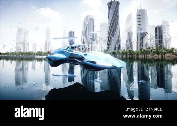 fying car in futuristic city with people.. Future concept. Realistic 4k ...