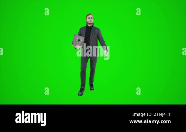The 3D animation of the coach man on the green screen is walking ...