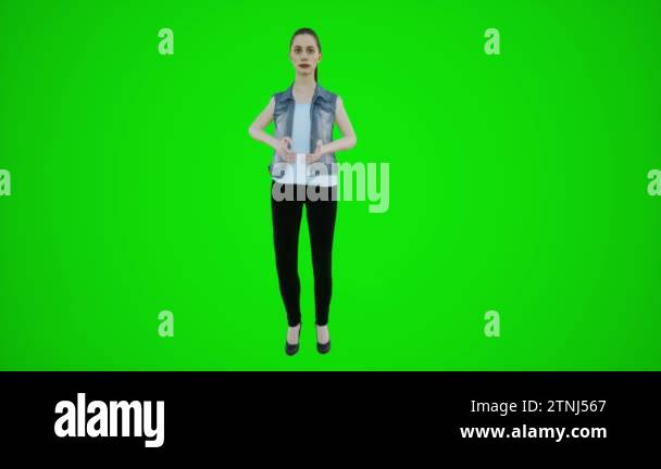 3D animation of a female buyer standing on a green screen, buying and ...