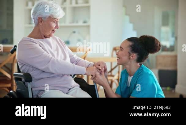 Support, conversation or nurse holding hands with old woman for medical help, senior care or ...