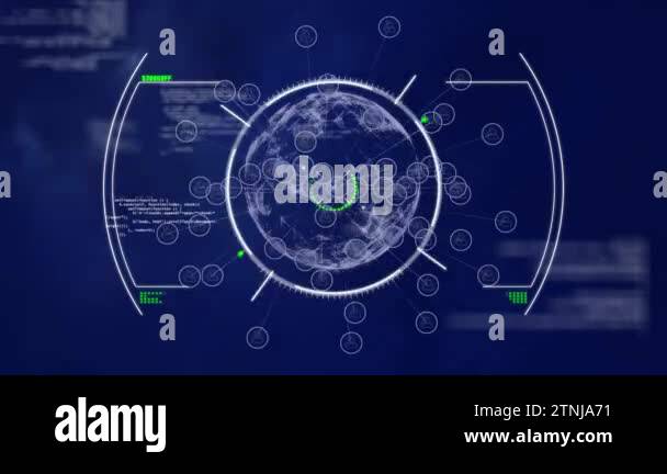 Animation of scope scanning on network of digital icons over spinning globe and data processing ...