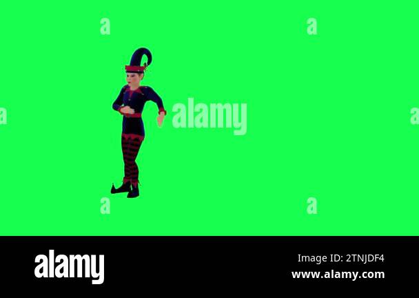 New Year clown elf in red blue dress break dancing from right angle on ...