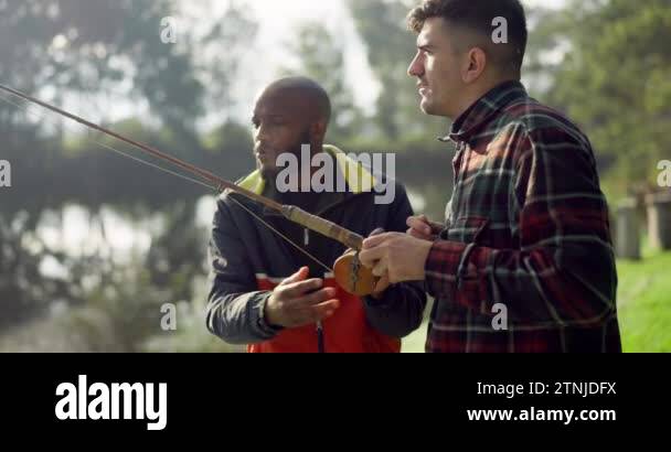 Fishing, lake and friends help in nature on holiday, adventure and ...