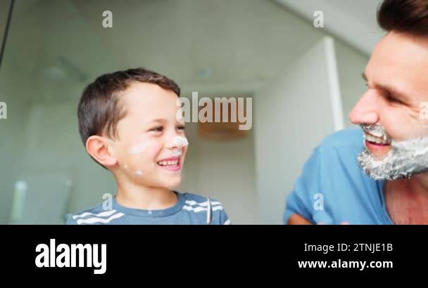 Laughing Shaving And A Father Teaching His Son About Grooming Or