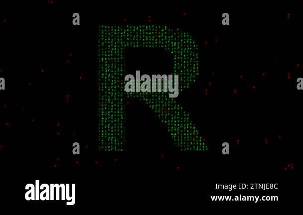 English alphabet R with matrix code on plain black background Stock ...